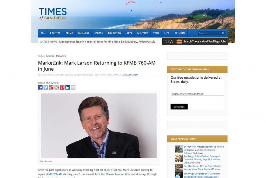 MarketInk: Mark Larson Returning to KFMB 760-AM in June - CompuBrain